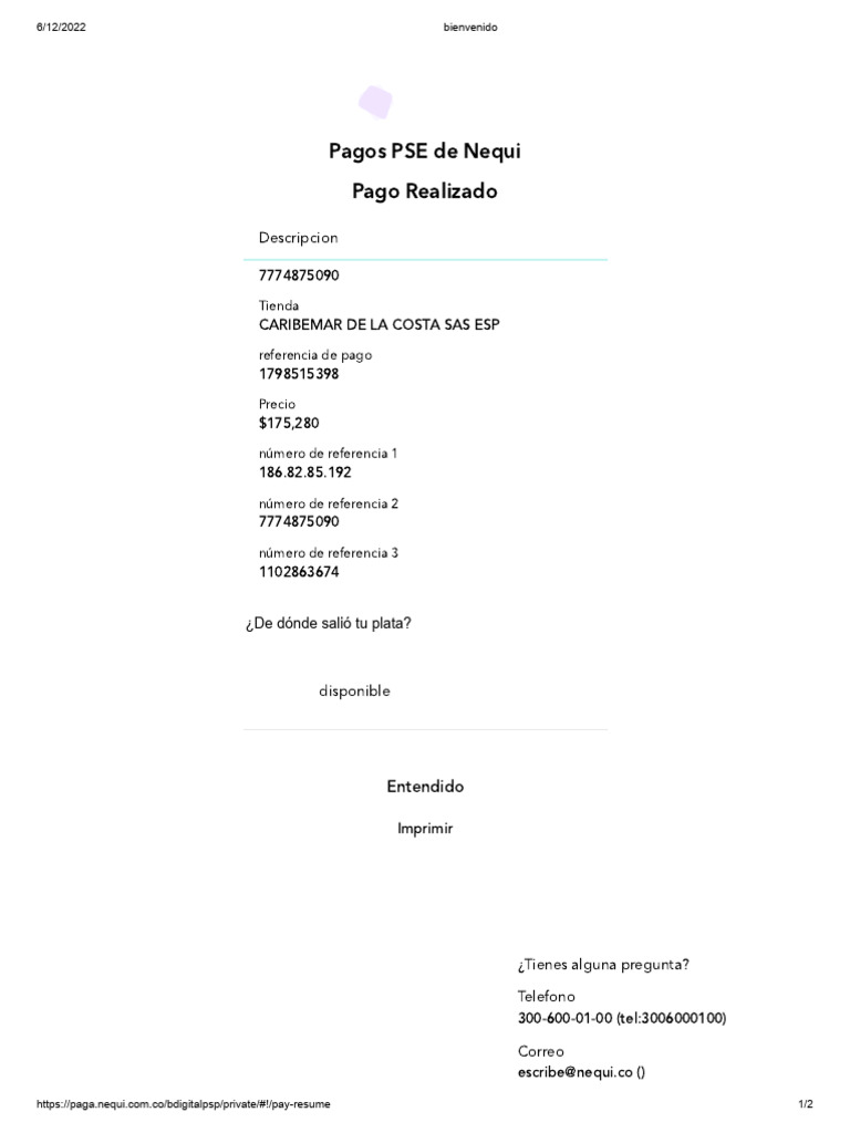 Resumen de Pago PSE Nequi 6/12/2022 | PDF