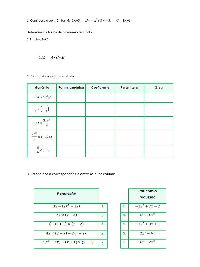 8º Ficha Monomios Polinomios | PDF
