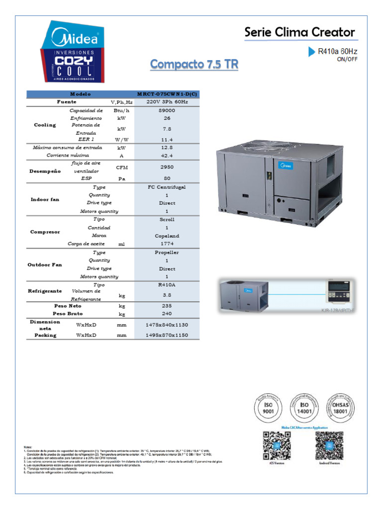 Especificaciones del Clima Creator 7.5 TR | PDF