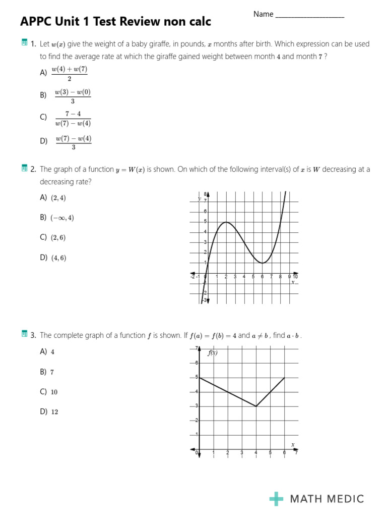 Unit 1 Test Rev Non Calc | PDF | Derivative | Function (Mathematics)