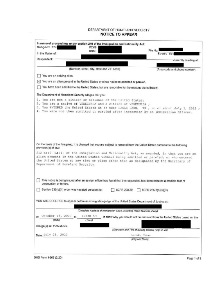 Redacted I 862 Notice To Appear | PDF