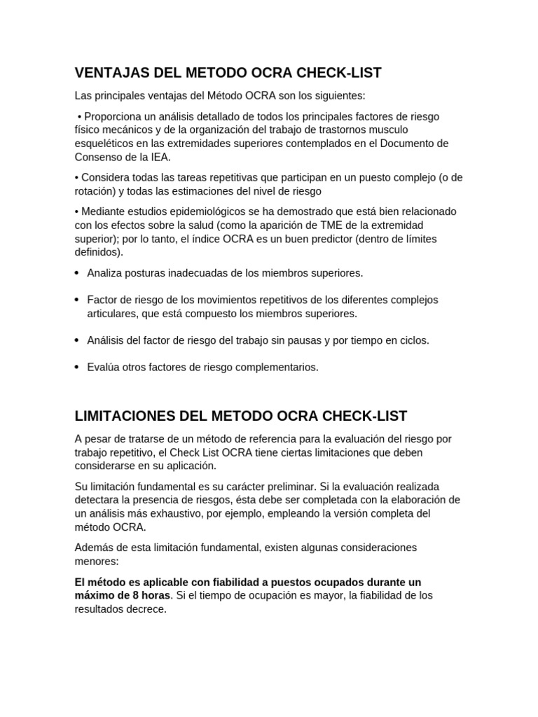 Ventajas - Limitaciones Del Metodo Ocra Check | PDF