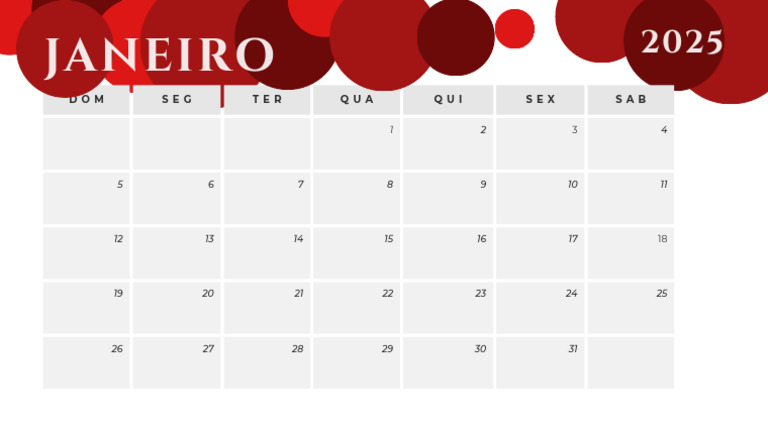 Calendário Mensal de Janeiro 2025 | PDF