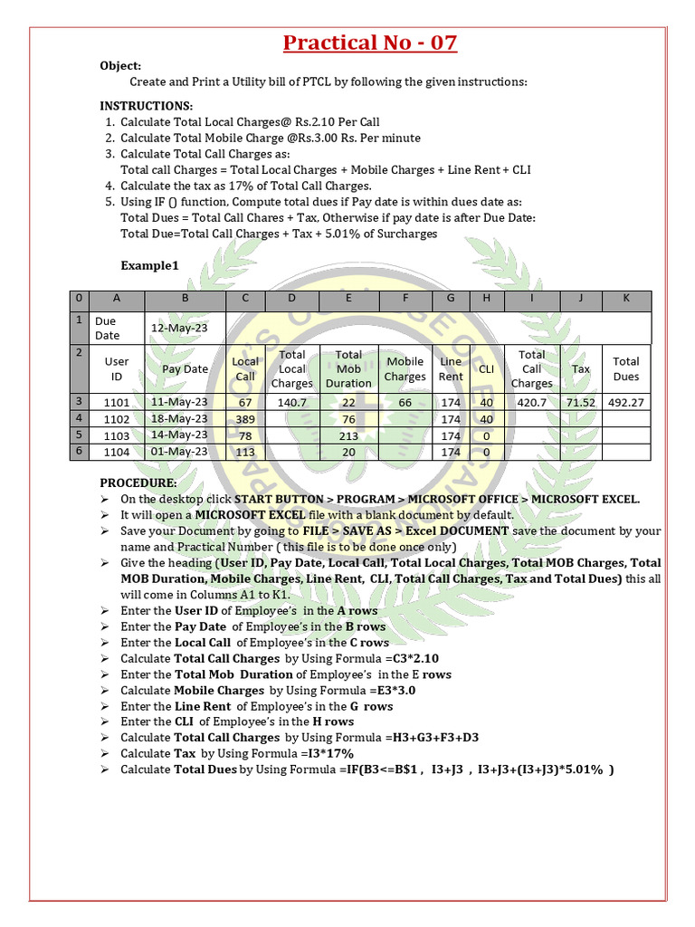 EXCEL PRACTICAL# 07 PTCL Utility Bill (1) | PDF | Microsoft Excel | Software