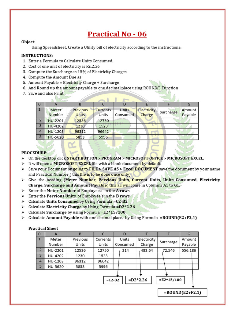 Excel Practical# 06 Utility Bill | PDF | Microsoft Excel | Computer Science