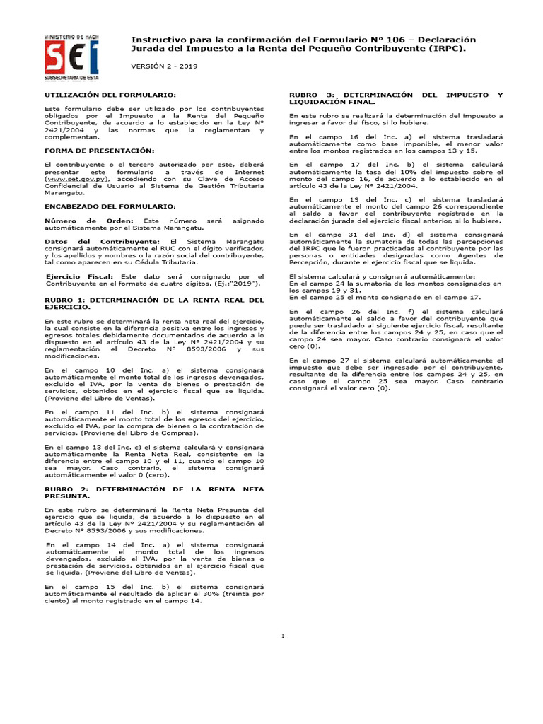 Guía Formulario 106 IRPC 2019 | PDF | Impuestos | Impuesto al valor ...