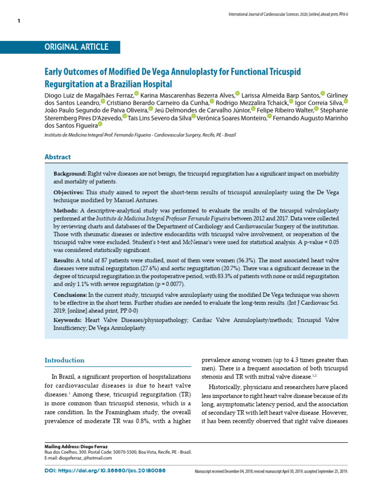 Early Outcomes of Modified de Vega Annuloplasty For Functional ...