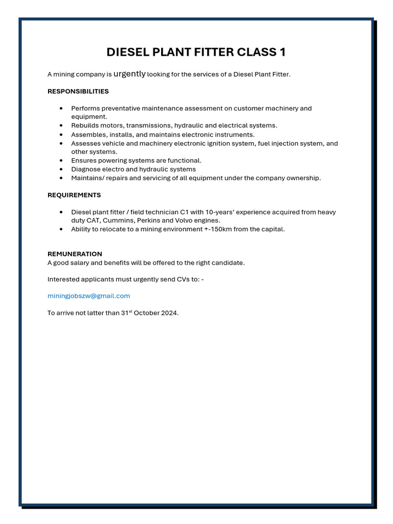Class 1 Diesel Plant Fitter Vacancy | PDF