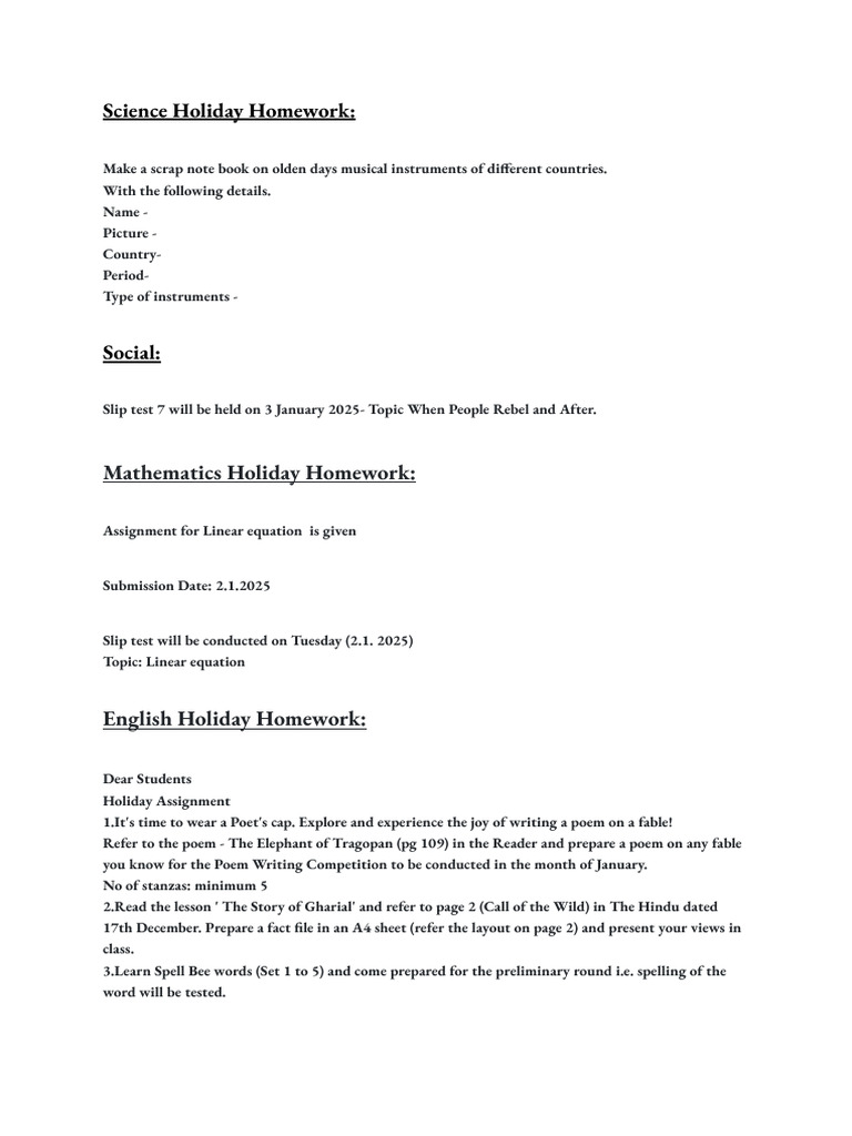 Holiday Homework Assignments Overview | PDF