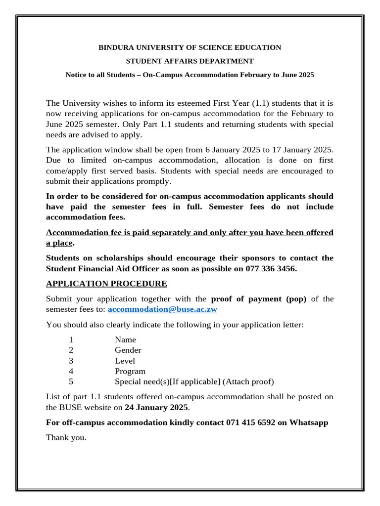 BUSE On-Campus Accommodation Notice 2025 | PDF