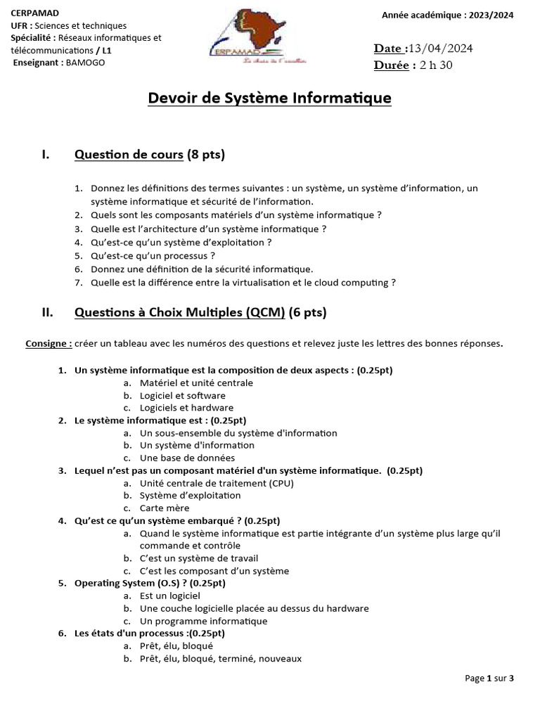 Devoir sur les systèmes informatiques et sécurité | PDF | Cryptographie ...