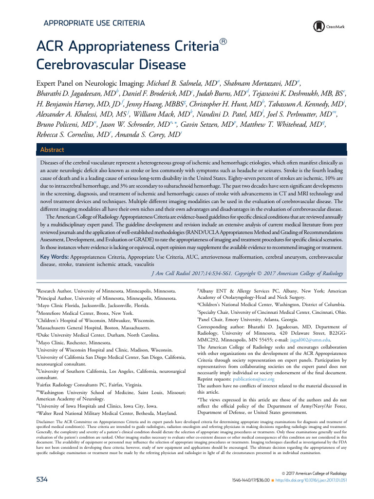ACR Appropriateness Criteria Cerebrova - 2017 - Journal of The American College | PDF | Magnetic ...