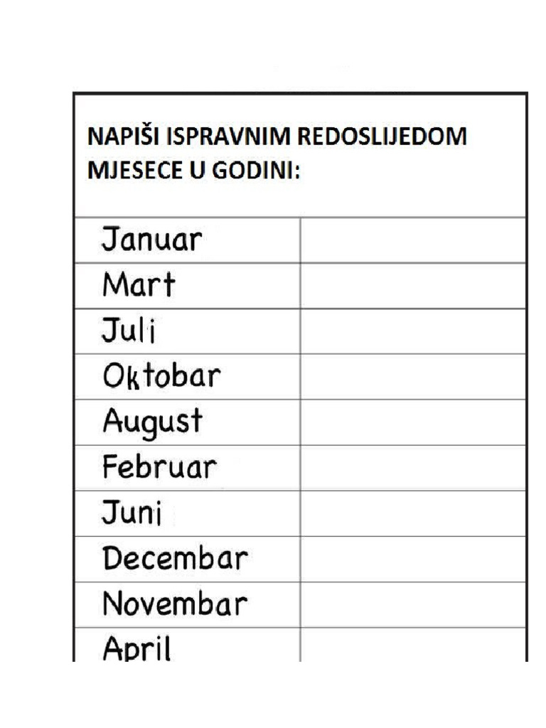 Mjeseci U Godini Nastavni List | PDF