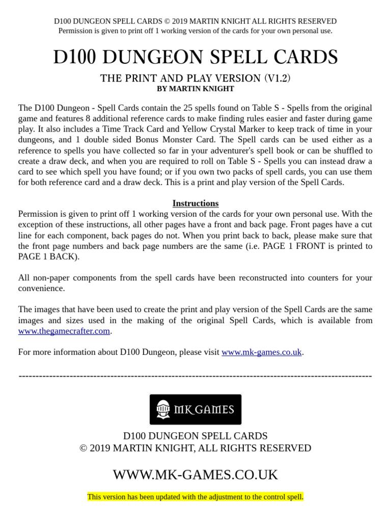 D100 Dungeon Spell Cards Print and Play (Accessory 4) | PDF | Tabletop ...