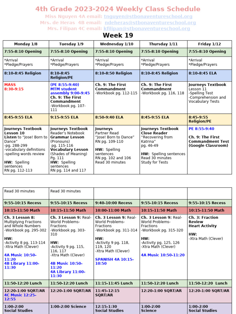2023-2024 4th Grade Schedule 1 - 8-1 - 12 | PDF | Human Communication ...