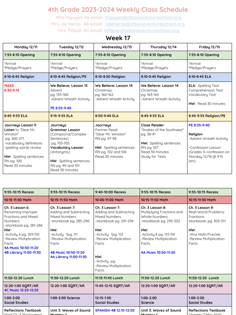 2023-2024 4th Grade Schedule 12_11-12_15 | PDF | Multiplication