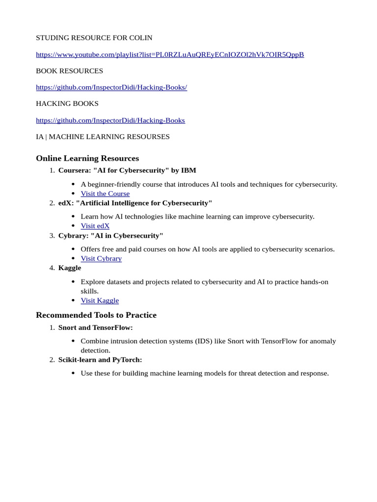 Cybersecurity Learning Resources Guide | PDF
