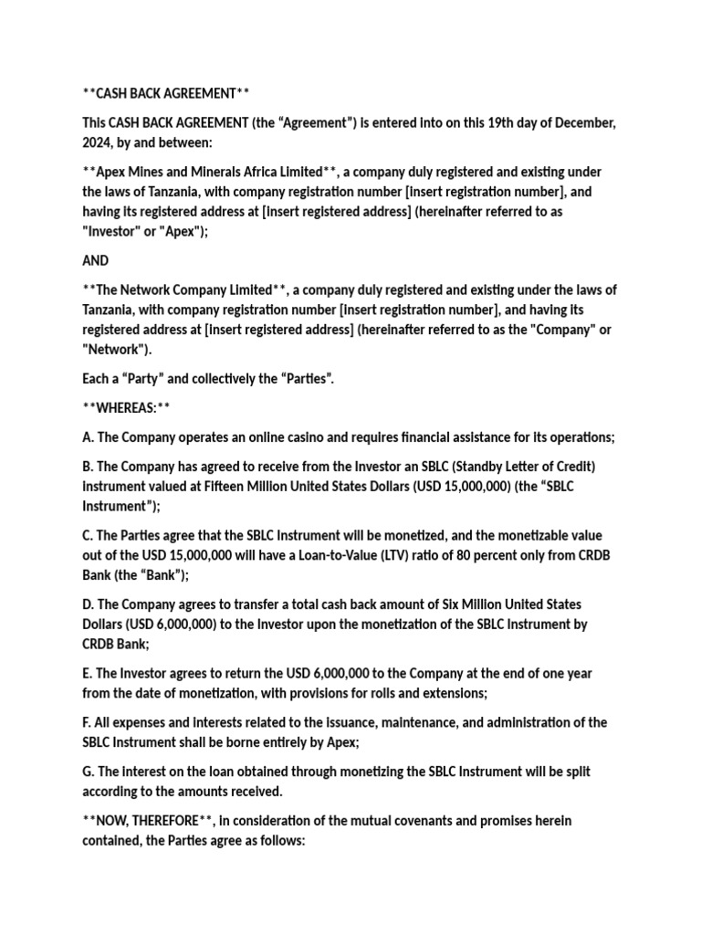 Cash Back Agreement Apex Network Limited | PDF | Securitization | Interest