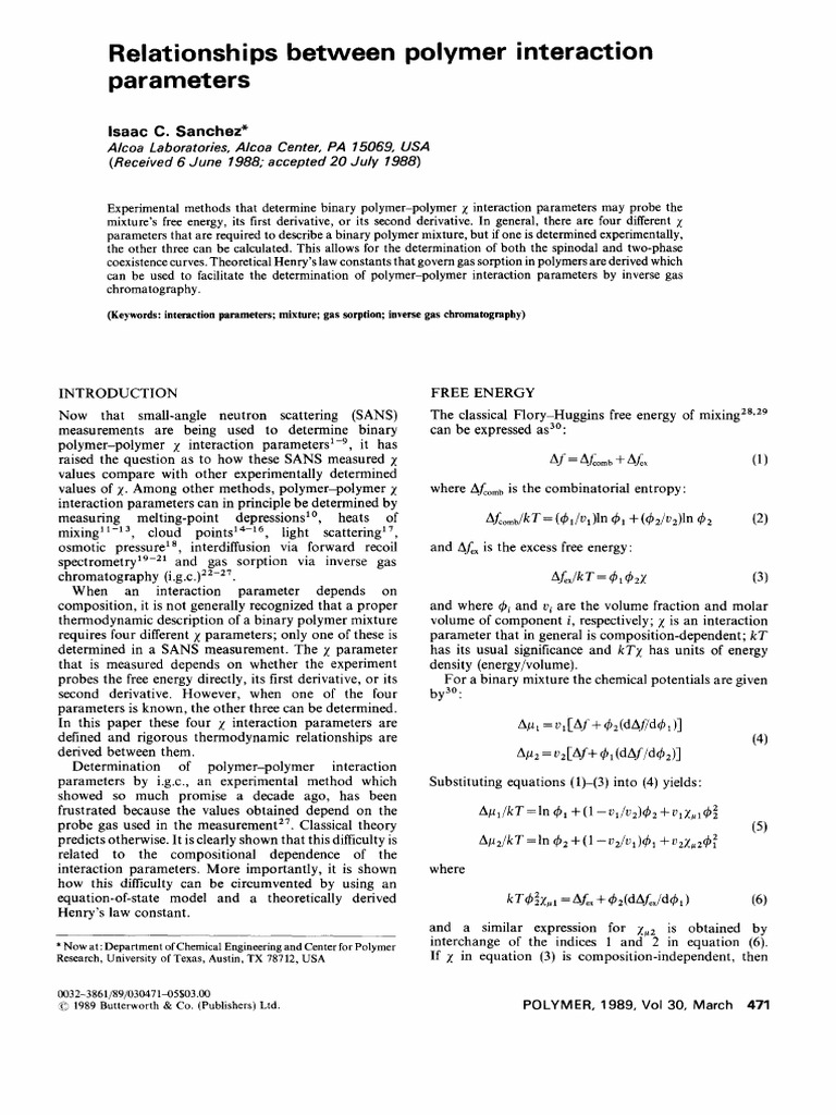 Polymer Interaction Parameter Relationships | PDF | Physical Chemistry ...