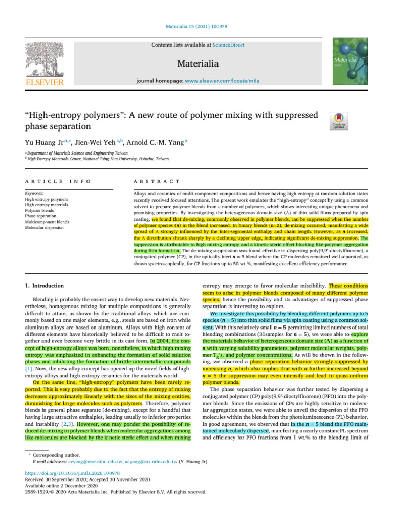 High Entropy Polymers - A New Route of Polymer Mixing With Suppressed ...