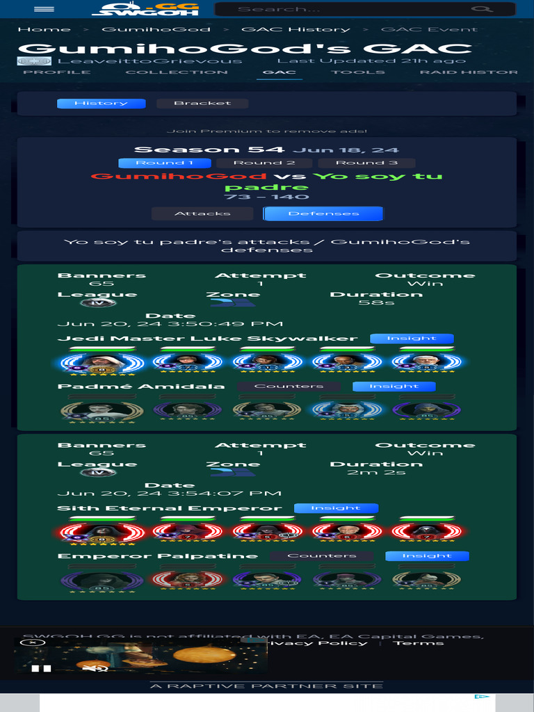 GumihoGod's GAC On Star Wars Galaxy of Heroes - SWGOH - GG | PDF