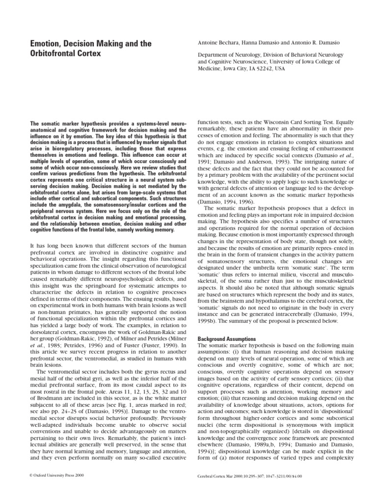 Emotion Decision Making and The Orbitofr | PDF | Working Memory | Prefrontal Cortex
