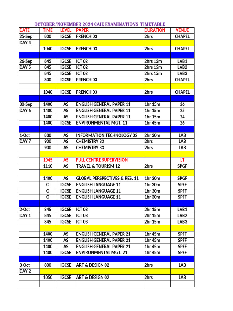 Caie November 2024 Examinations Timetable | PDF | Inquiry | Science