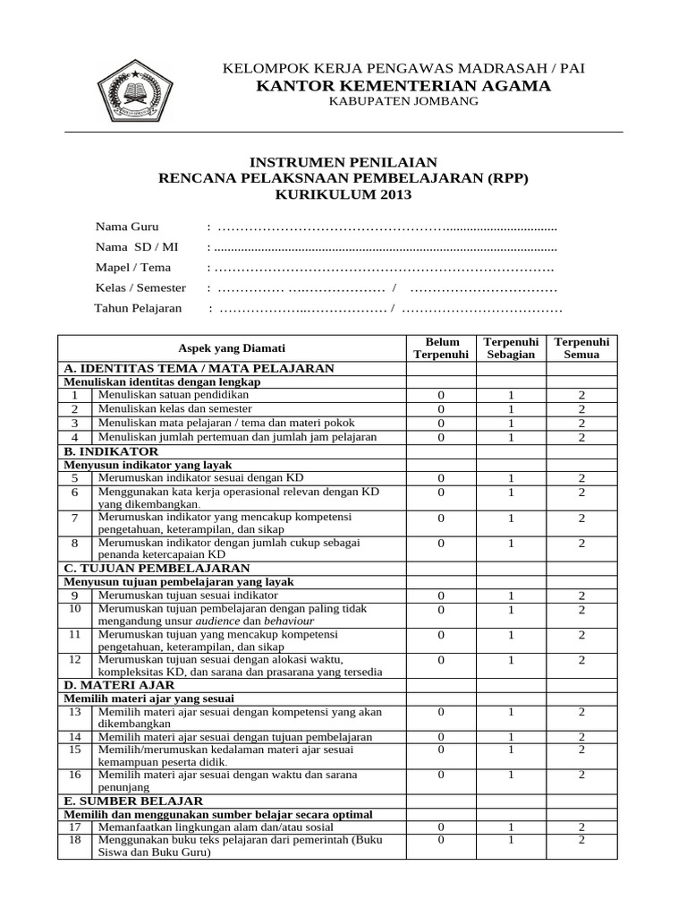 Instrumen Penilaian RPP K 13 | PDF