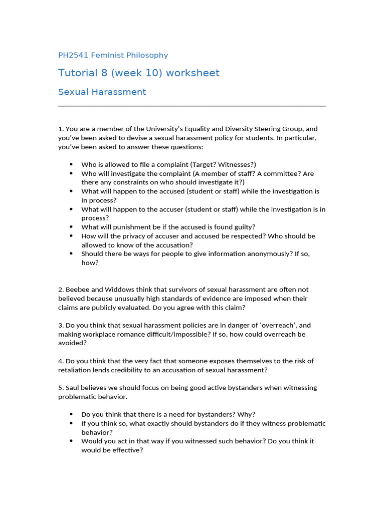 Week 10 Worksheet - Sexual Harassment | PDF