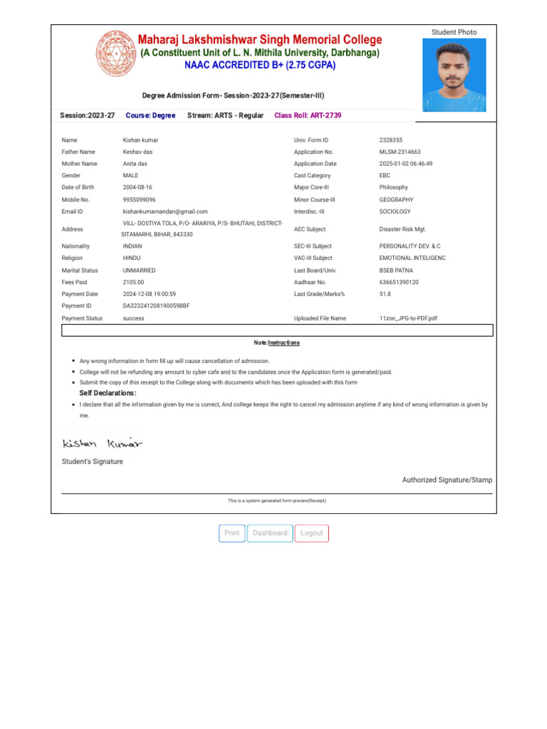 3rd Sem Admission? Form (Kishan Kumar) | PDF