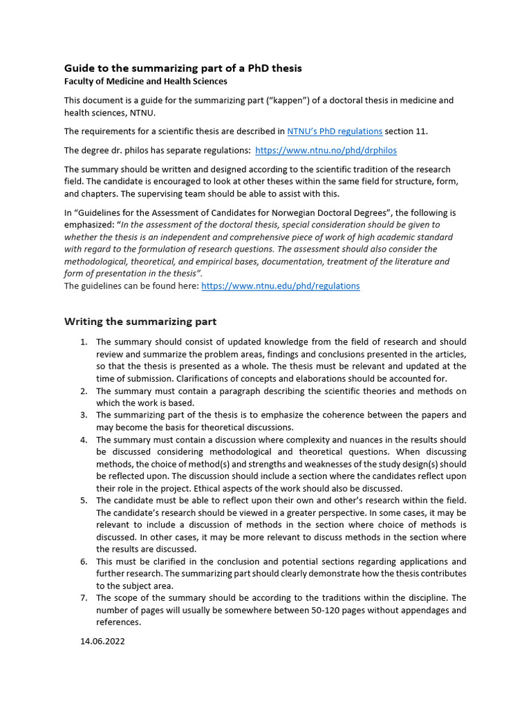 Guide to the summarizing part of a PhD thesis 2022 | PDF | Thesis | Doctor Of Philosophy