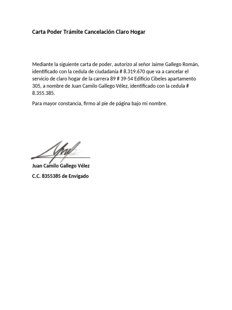 Carta Poder Trámite Cancelación Claro Hogar | PDF