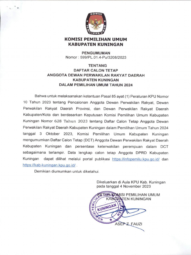 Pengumuman DCT Anggota DPRD Kabupaten Kuningan Pemilu Tahun 2024 | PDF