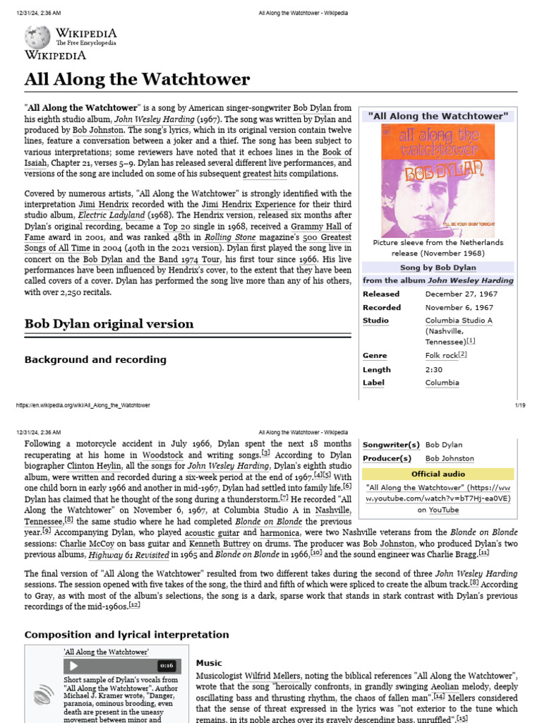 All Along The Watchtower - Wikipedia | PDF