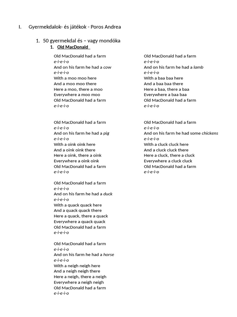 Gyermekdalokangol | PDF | Old Mac Donald Had A Farm