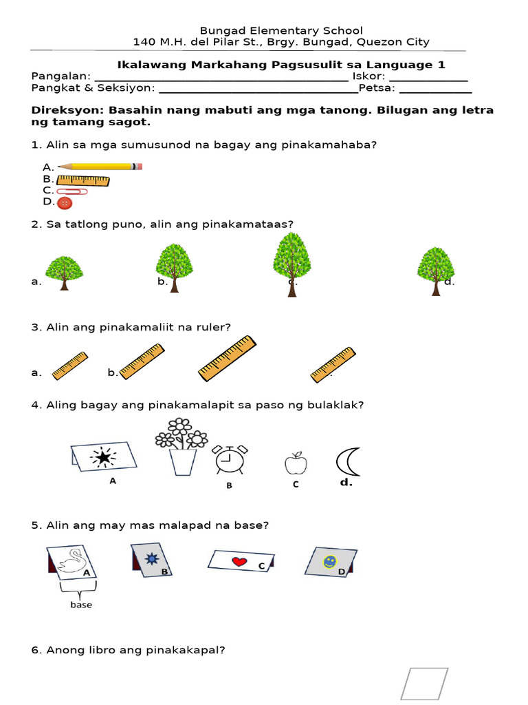 PT GRADE 1 MATATAG MATH 1 Tagalog Version | PDF