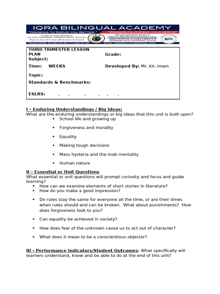 Third Trimester Lesson Plan 7 Engli | PDF | Educational Assessment ...
