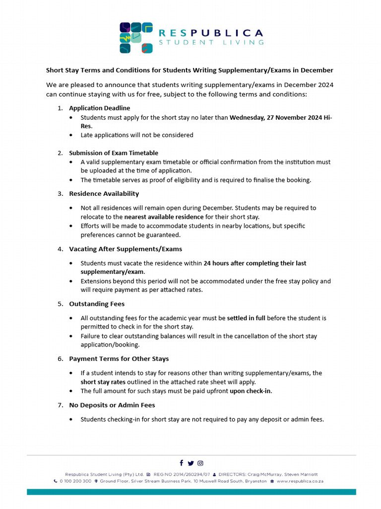 Free Short Stay Terms for Exam Students | PDF