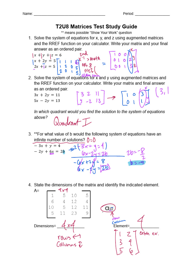 T2U8 Matrices Test Study Guide | PDF