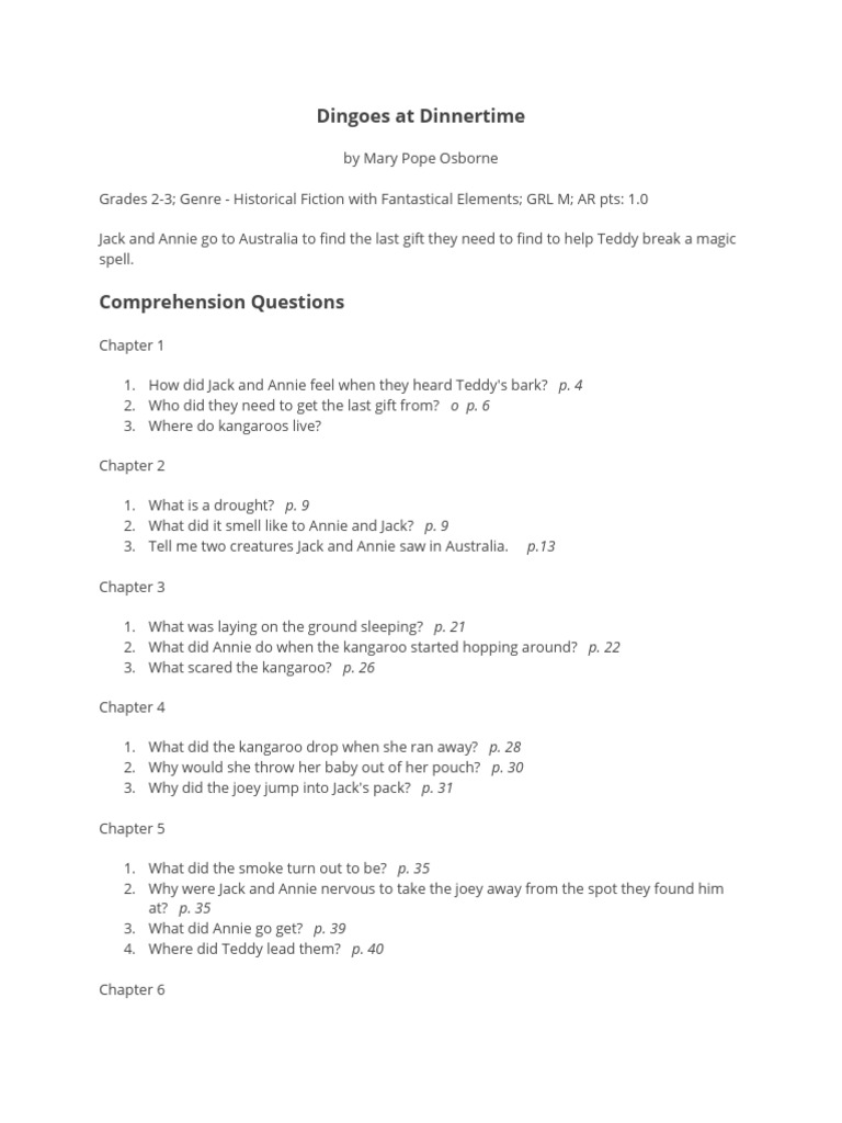Dingoes at Dinnertime - Comprehension Questions | PDF