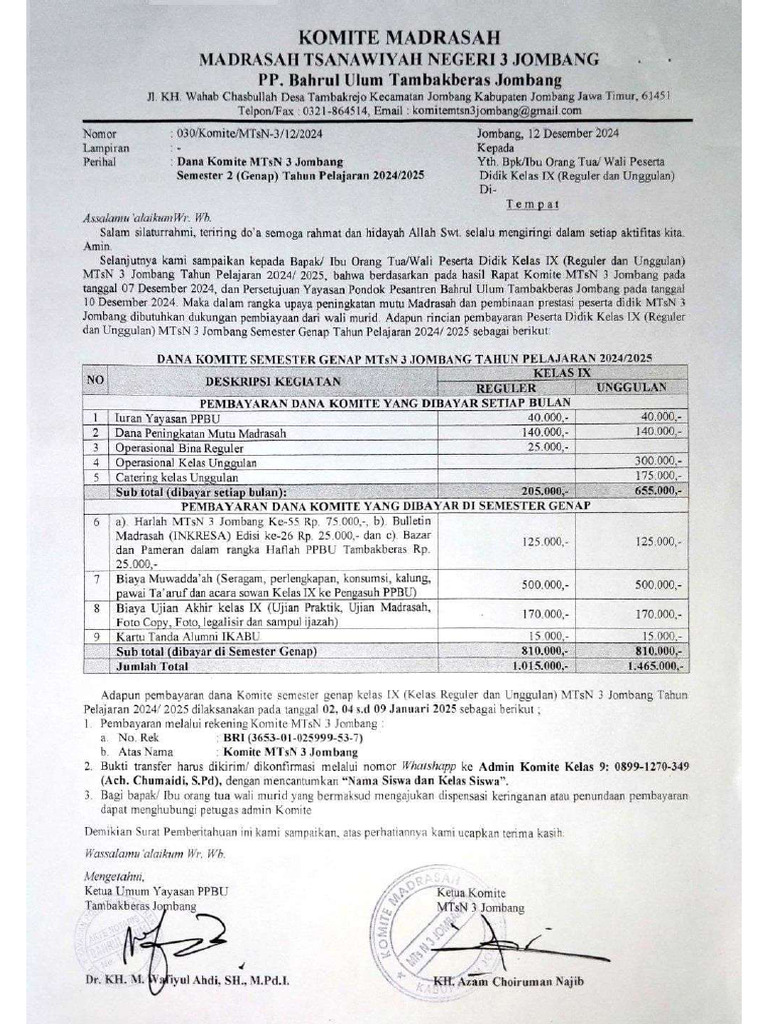 Surat Edaran Komite Dan Kopma Semester Genap Kelas 8 Th 2024-2025 | PDF