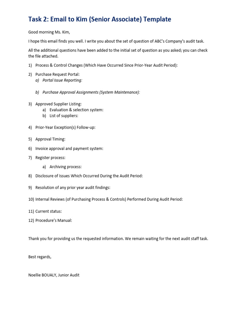 Task 1 - Email To Kim (Senior Associate) Template | PDF