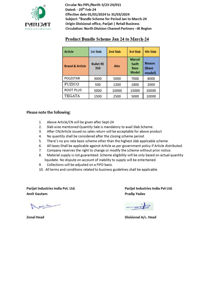 Parijat Bundle Scheme Jan-Mar 2024 | PDF