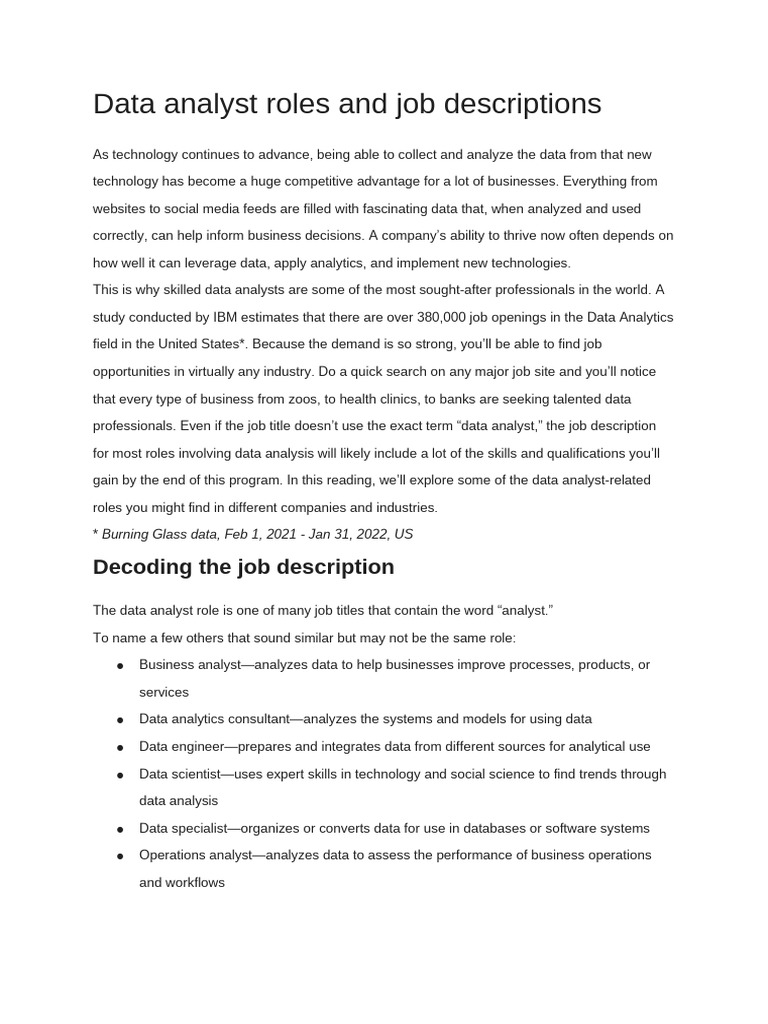 Data analyst roles and job descriptions (1) | PDF | Data Analysis ...