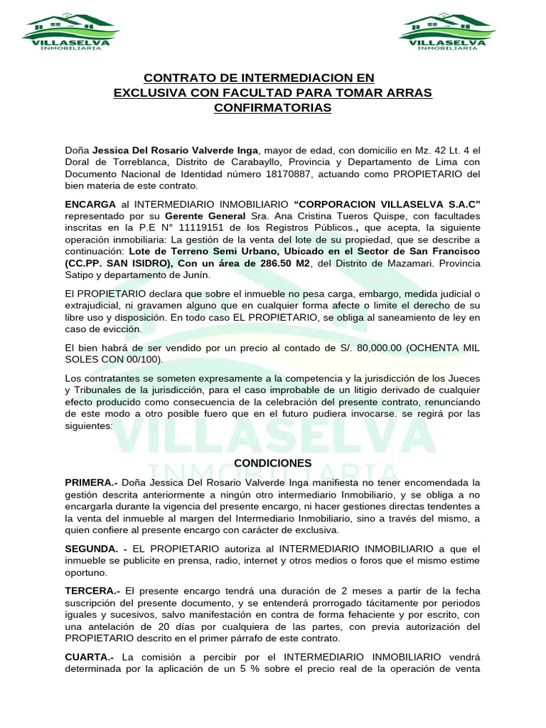 CONTRATO DE INTERMEDIACION- JESSICA DEL ROSARIO VALVERDE INGA | PDF ...