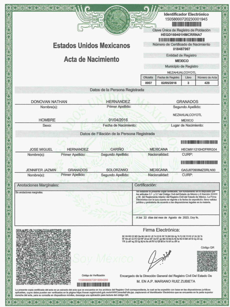 Acta De Nacimiento Certificada En México Pdf Vigilancia