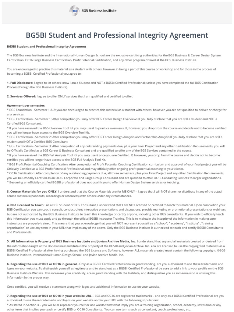 BG5BI Integrity Agreement | PDF | Trademark