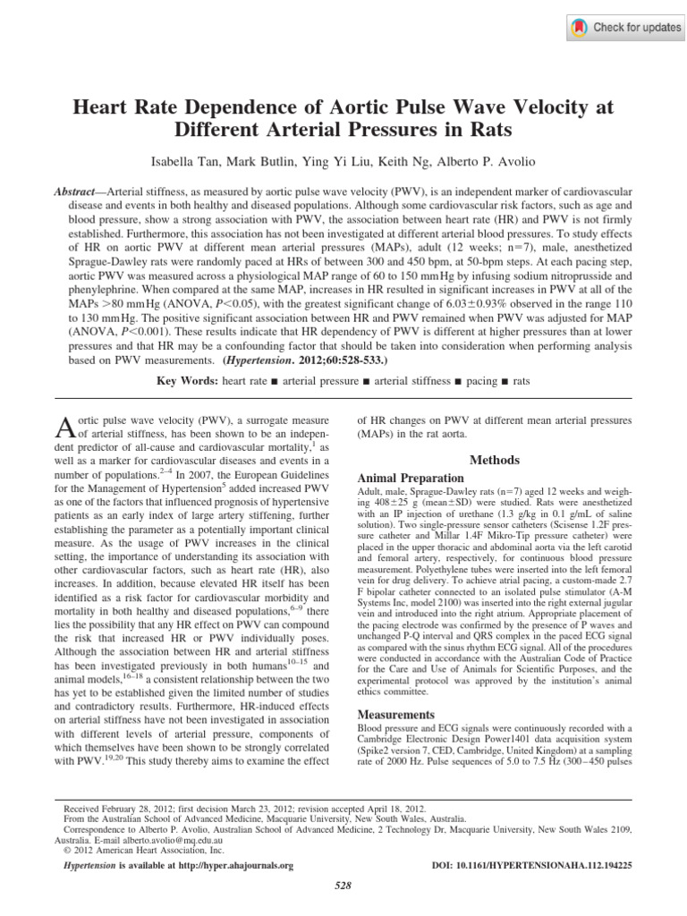 Tan Et Al 2012 Heart Rate Dependence of Aortic Pulse Wave Velocity at ...
