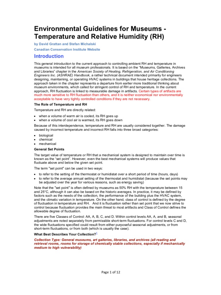 Environmental Guidelines For Museums - Temperature and Relative ...