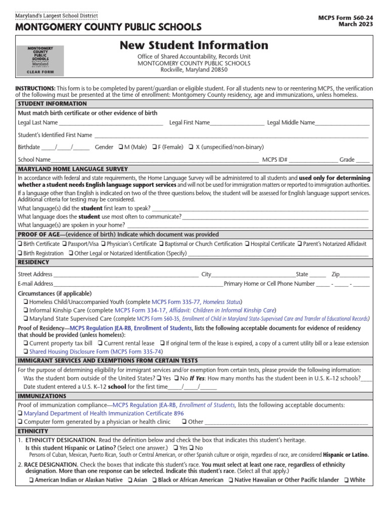 MCPS Form 560-24 Enrollment Instructions | PDF | English As A Second Or ...